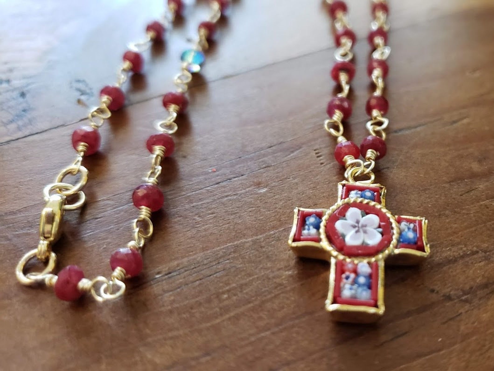 Byzantine Micro Mosaic Murano Glass Cross Pendant Necklace With Ruby ...