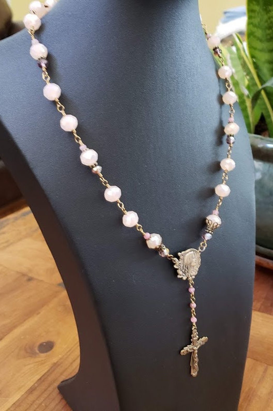 Blessed Virgin Mary Rosary Style Catholic Necklace, Faceted Pink Glass ...