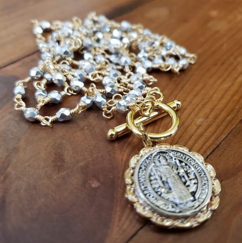 St Benedict san Benito Scalloped Two-tone Medallion, Catholic Necklace ...