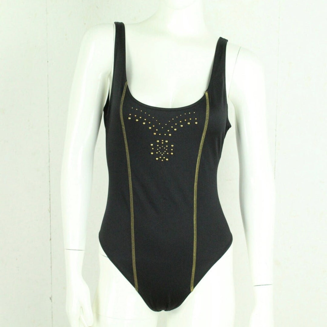 Vintage Swimsuit Size L Black Gold 80s 90s Beachwear - Etsy