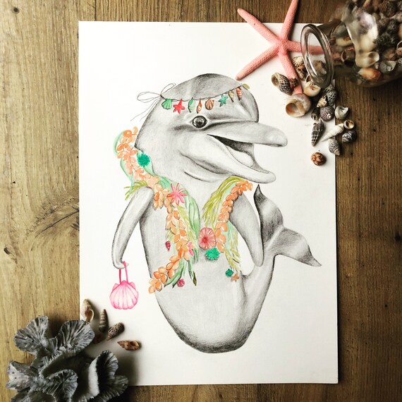 Luna the Dolphin Bohemian Animalchildren's Fine Art - Etsy