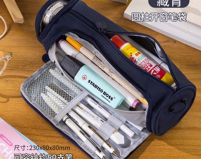 NAVY ROUND Cylinder Canvas Pen Case Pencil Case Tool Case Finding ...