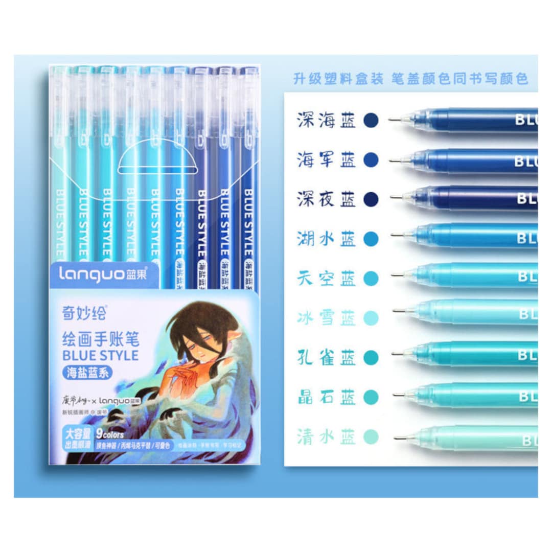 BLUE COLOR SET Languo Color Gel 6 Pen Set 0.6mm Black Out Planning Pen ...
