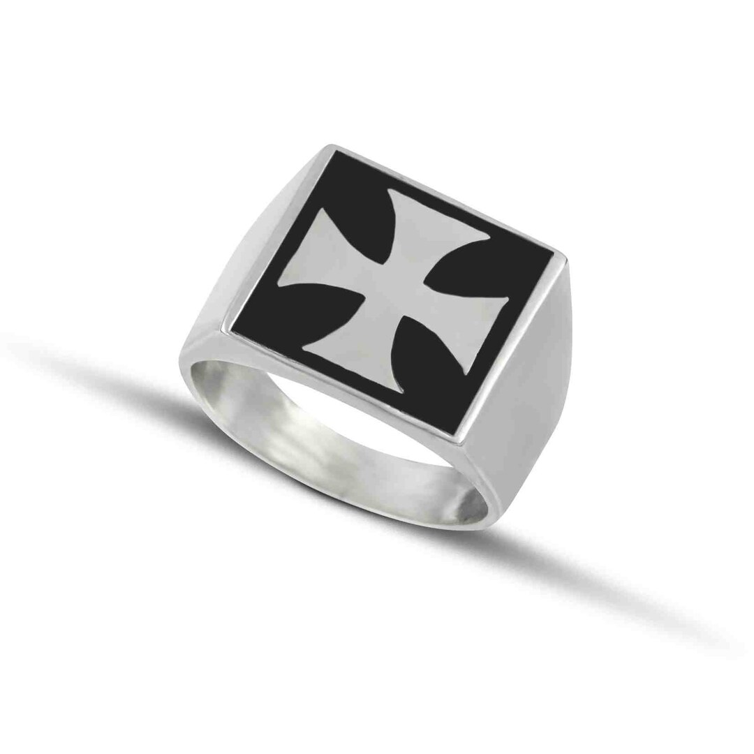 Sterling Silver Man Ring With Malta Cross Black Enamel - Etsy