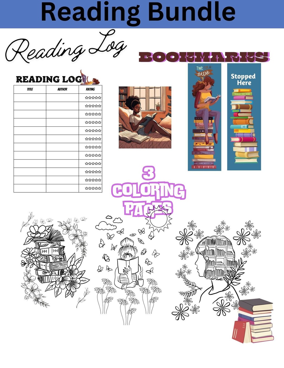 Reading Log Bundle, Printable Bookmarks, Reading Log, Coloring Pages ...