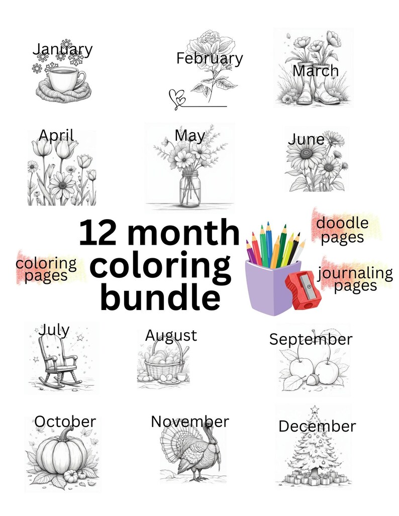 12 Month Coloring Bundle Printable | Cozy Coloring Pages for Adults ...