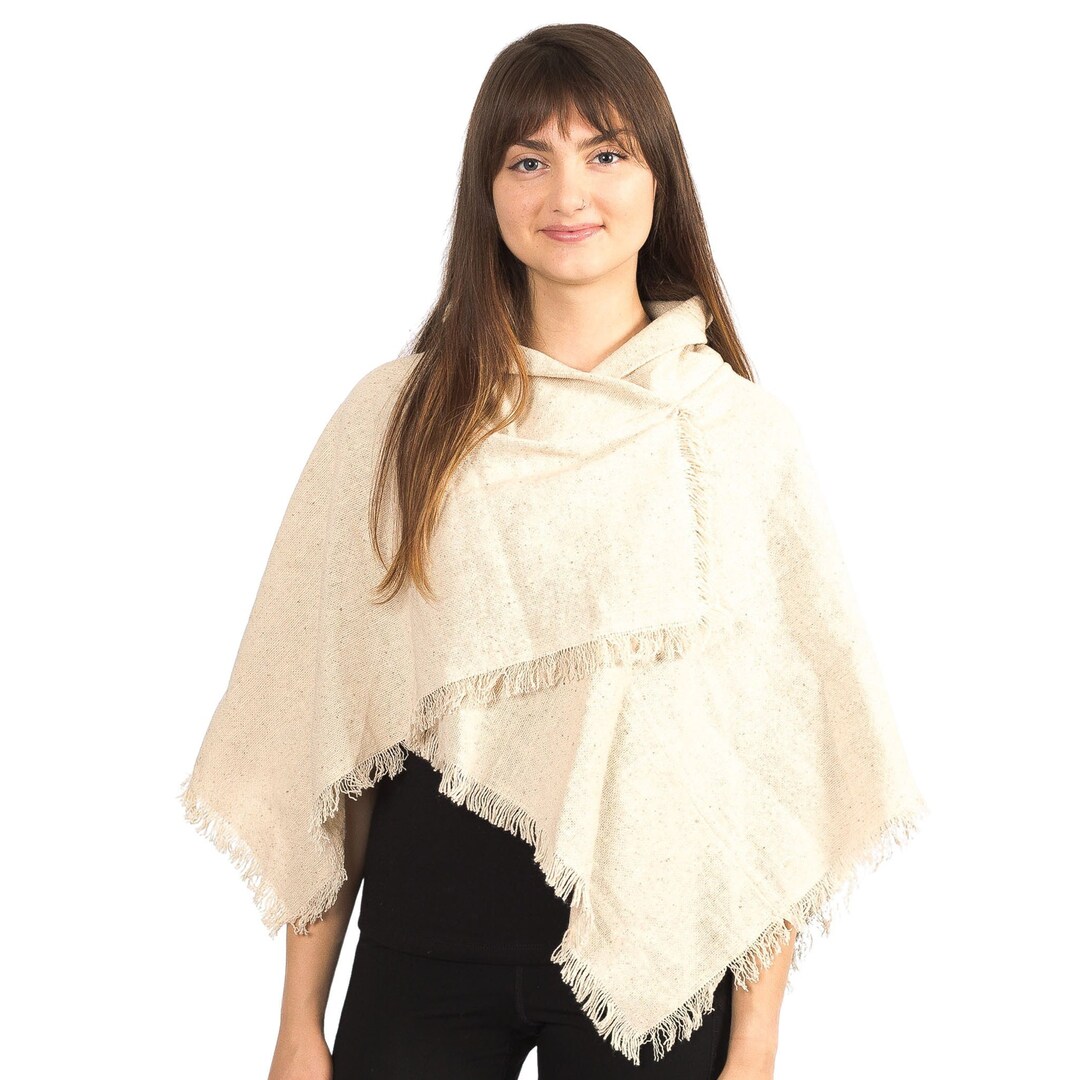 Off White Cotton Poncho With Fringe, Cold Weather Poncho, Winter Shawl ...