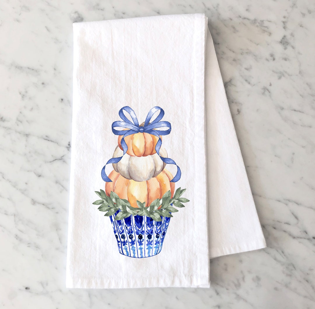 Stack of Pumpkins Tea Towel - Blue Chinoiserie Towel Gift - Fall Decor ...