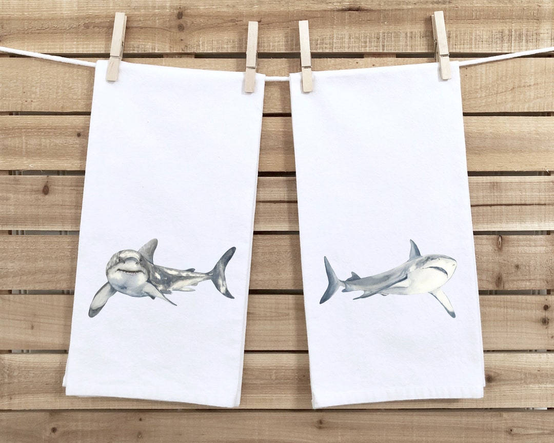 Shark Tea Towel - Great White Flour Sack Towel - Beach Themed Kitchen ...