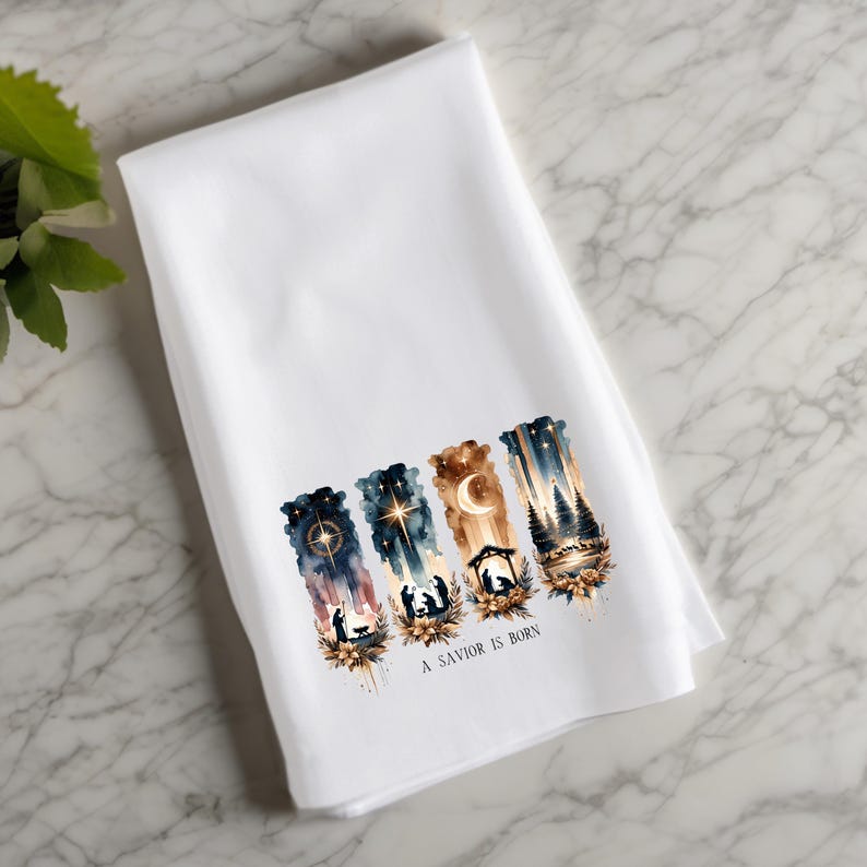 A Savior is Born” Nativity Flour Sack Towel – Christian Christmas Decor ...