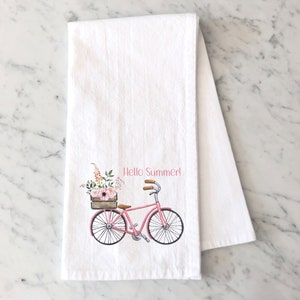 Hello Summer Pink Bicycle Flour Sack Towel - Charming Summer Kitchen ...