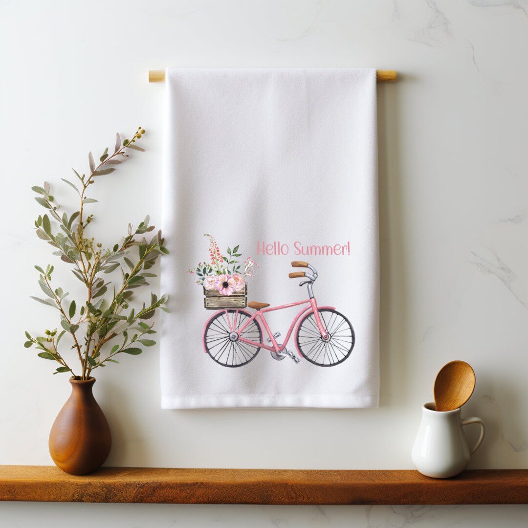 Hello Summer Pink Bicycle Flour Sack Towel - Charming Summer Kitchen ...