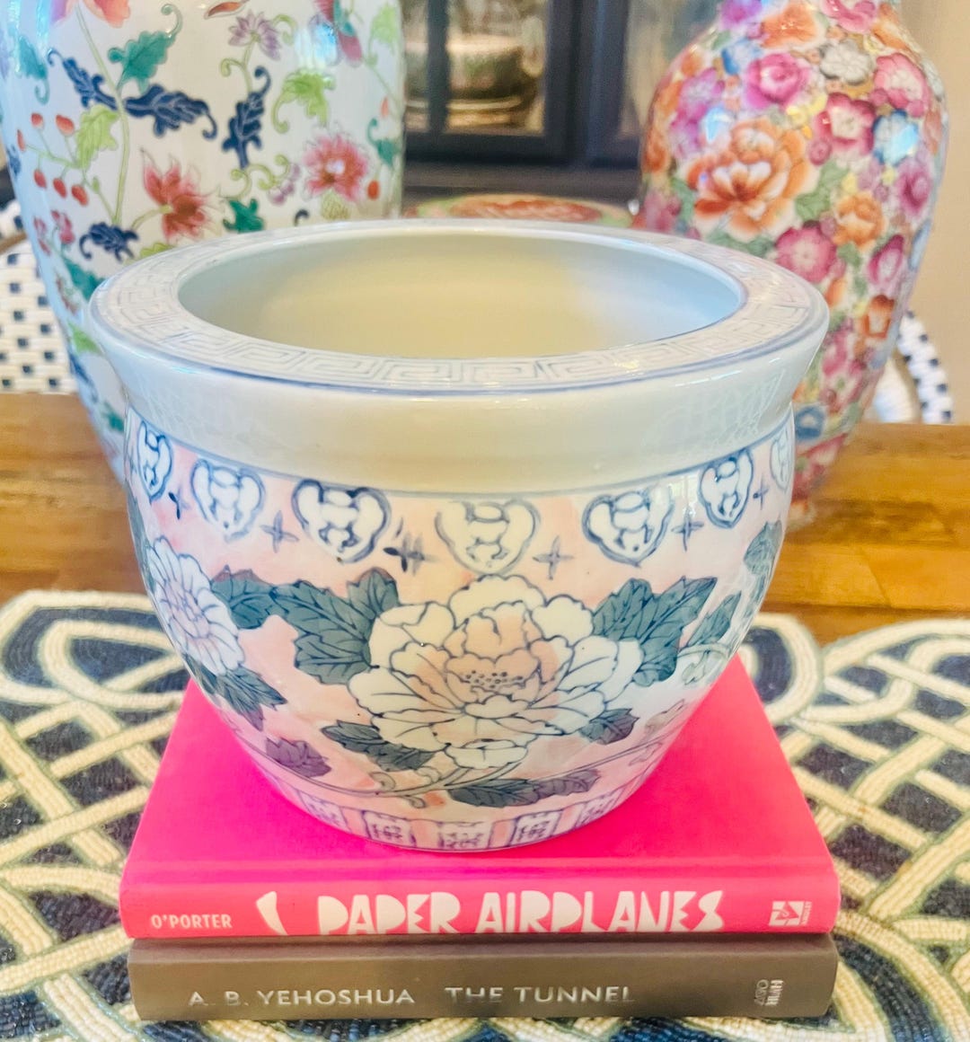 Vintage Chinese Pastel Pink Fish Bowl Planter, Greek Key Top, 8 ...