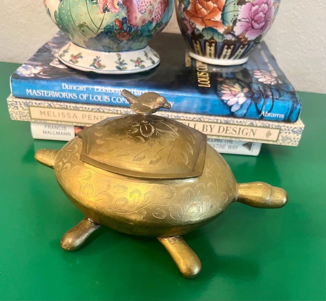 Vintage Large Solid Brass Etched Turtle Figurine Box - Etsy
