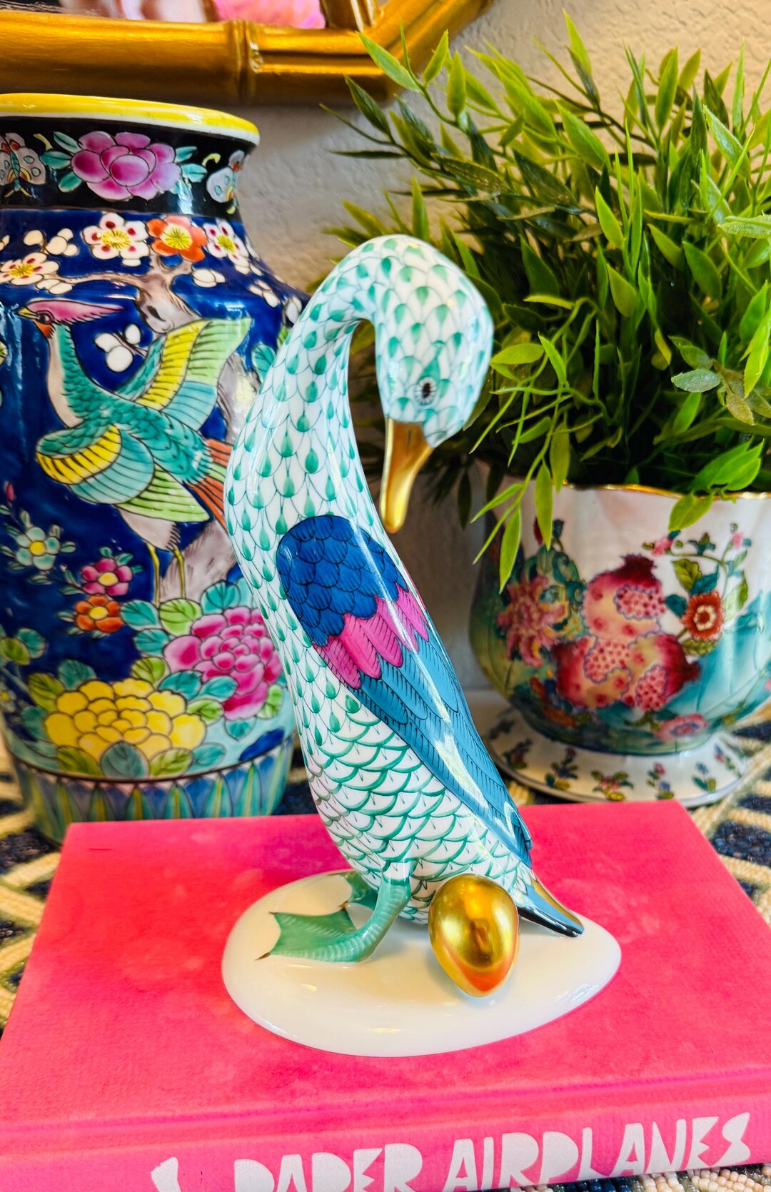 Large Herend Hungary Porcelain Fishnet Goose With Golden Egg, 7.5” by 5 ...