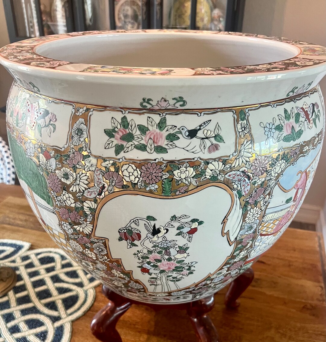 Huge Vintage Chinese Chinoiserie Fish Bowl Planter, Famille Rose. Drain ...