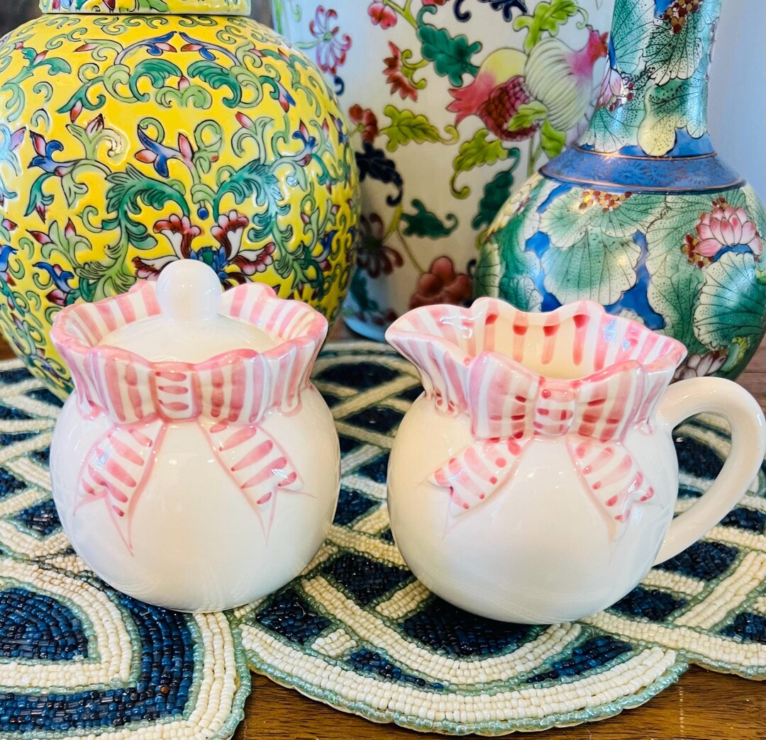 Vintage Haldon Group Pink and White Stripe Bow Sugar & Creamer Set - Etsy