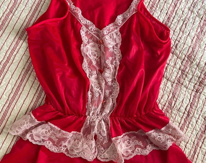 1970s Red and White Lace Teddy Pj Set-large - Etsy