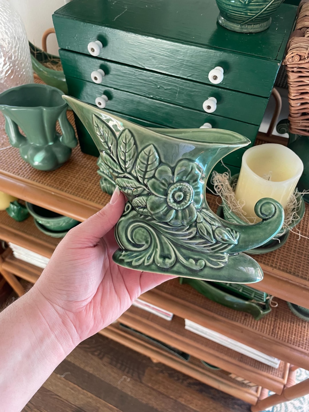 Vintage Mid Century Green Pottery Cornucopia Planter - Etsy