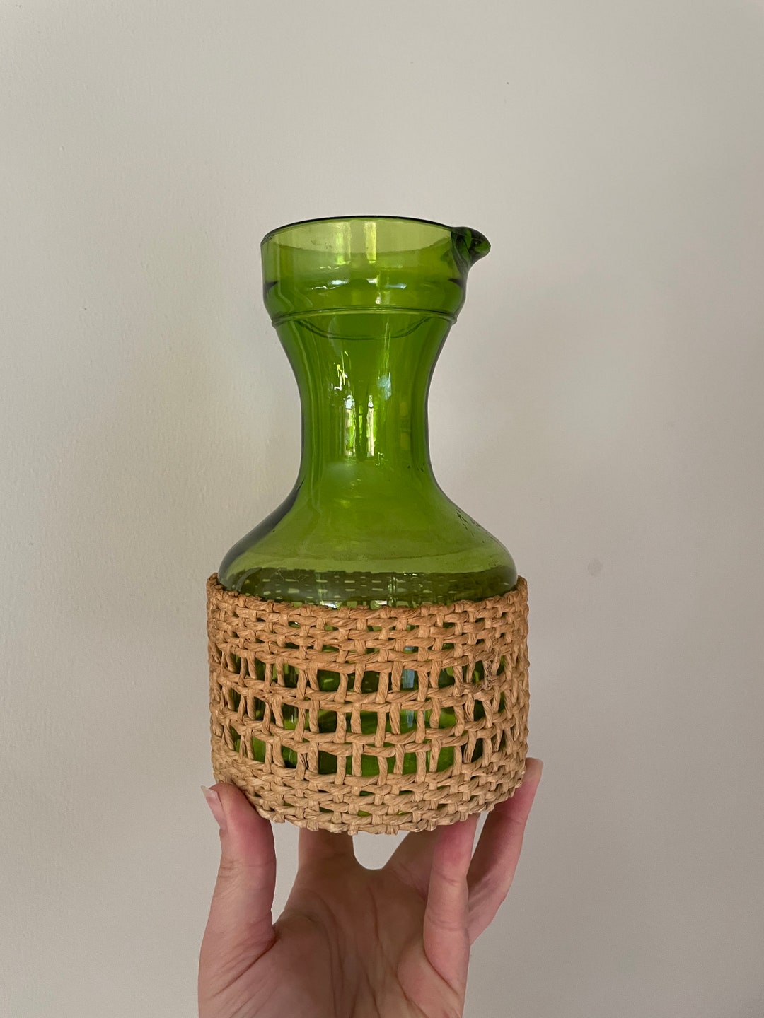 Mid Century Green Glass Pitcher Carafe With Rattan Wrap - Etsy