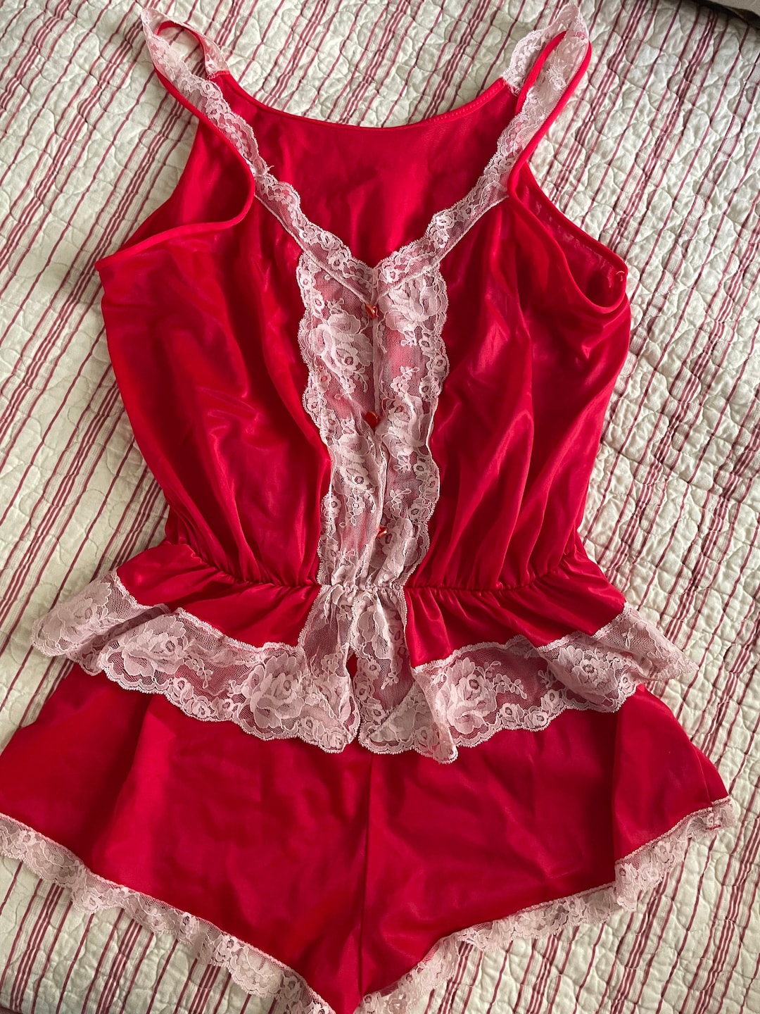 1970s Red and White Lace Teddy Pj Set-large - Etsy