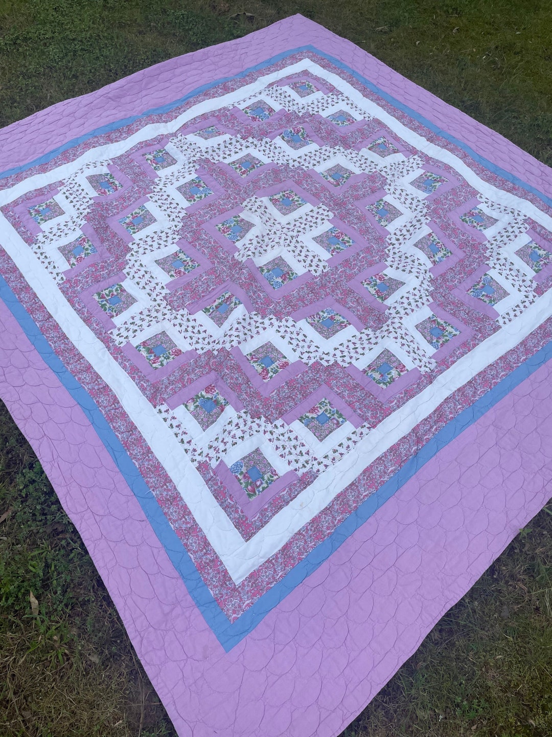 Vintage Lavender and Periwinkle Floral Patchwork Cottage Quilt-82”x 92 ...
