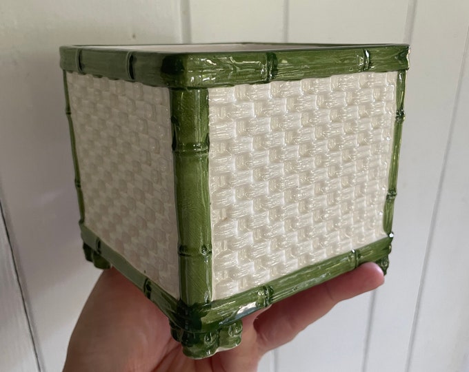 Napco Green and White Bamboo Chinoiserie Cachepot Planter Pot - Etsy