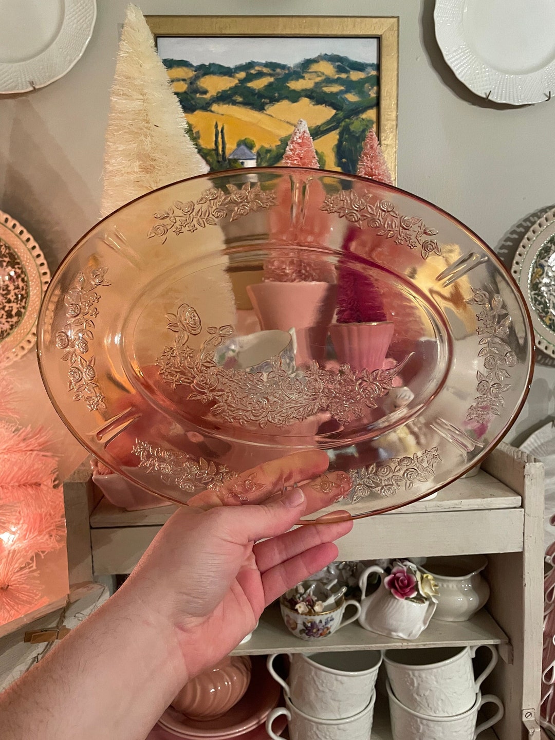 Sharon Pink Rose Depression Glass Oval Platter - Etsy