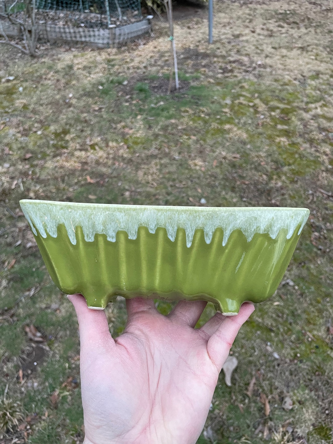 Vintage Drip Green Pottery Planter - Etsy