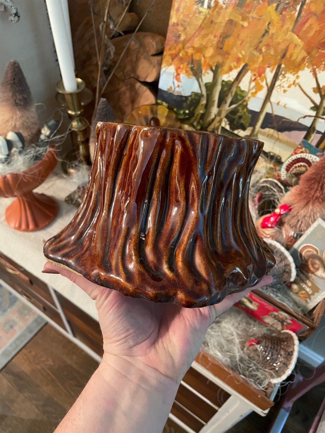Vintage USA Pottery Brown Tree Stump Planter - Etsy
