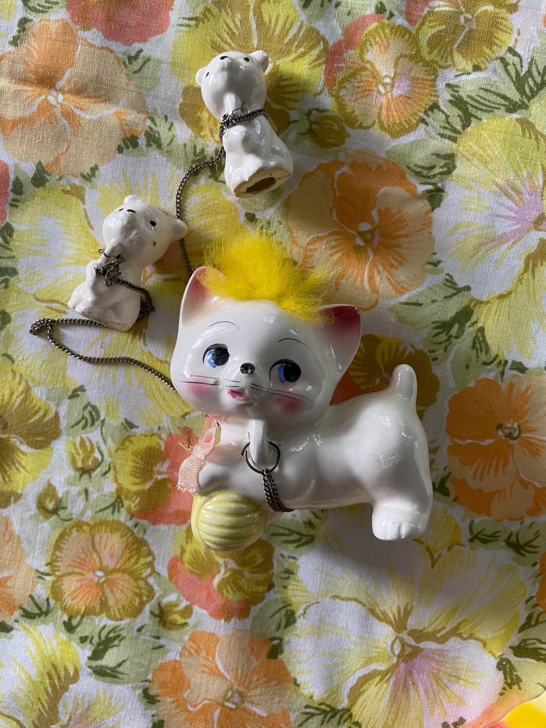 Vintage Cat Figurine With Yellow Fuzzy Hair and Babies on Chain Leashes ...