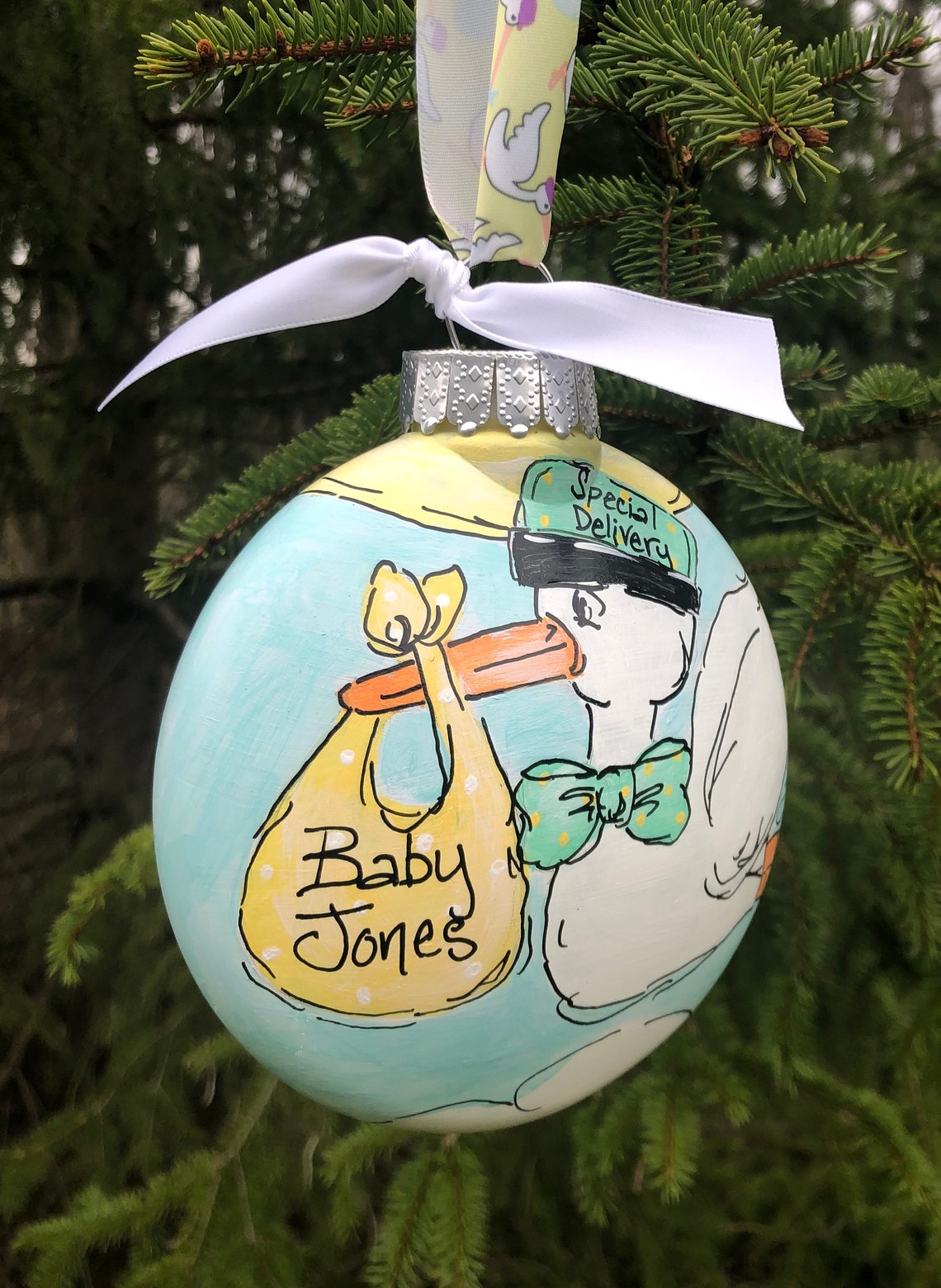 Personalized Gender Neutral Flying Stork Birth Notification Ornament ...