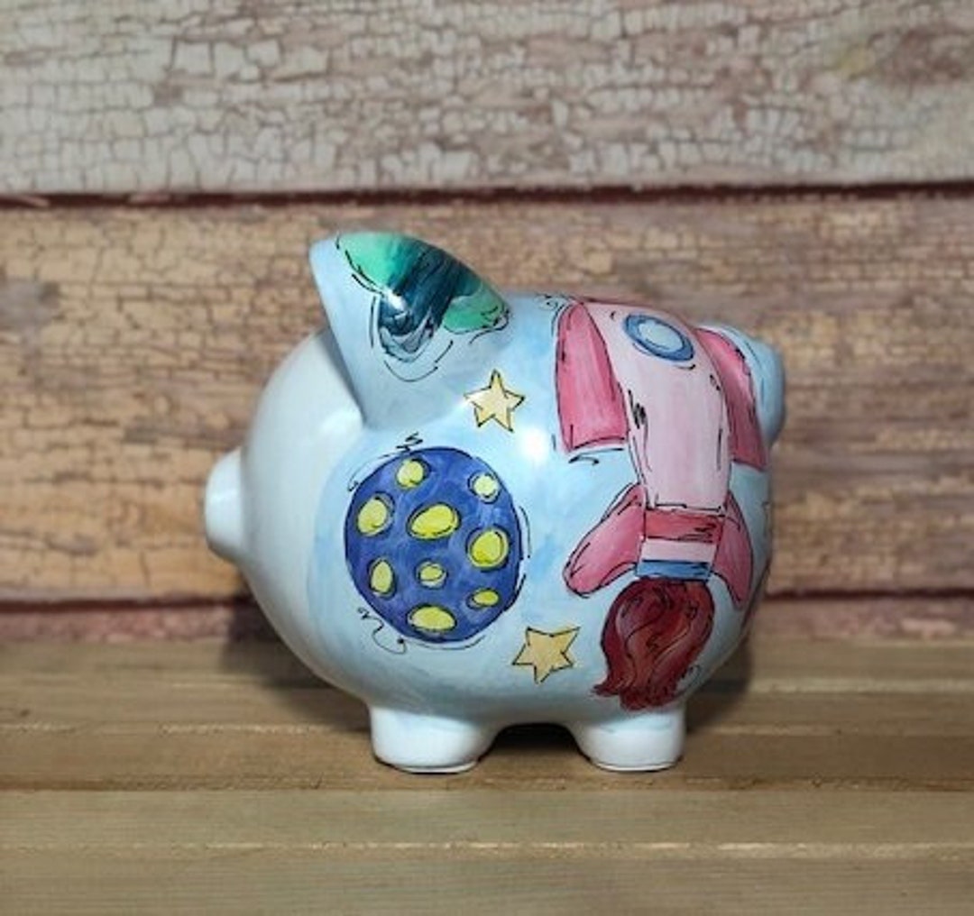 Medium Pink Hand-painted Outer Space, Rocketship, Astronaut Piggy Bank ...
