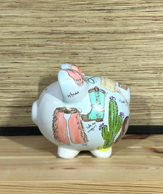 Large Hand painted Cowgirl Ceramic Piggy Bank Personalized With Horse Cowgirl Boot Hat Saddle Bandana Lasso Chaps Spurs Western Vest Etsy