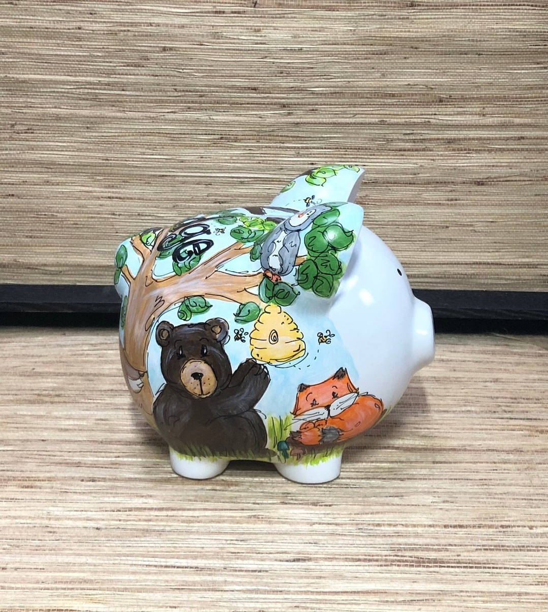 Large Whimsical Woodland Ceramic Piggy Bank, Hand-painted, Personalized ...