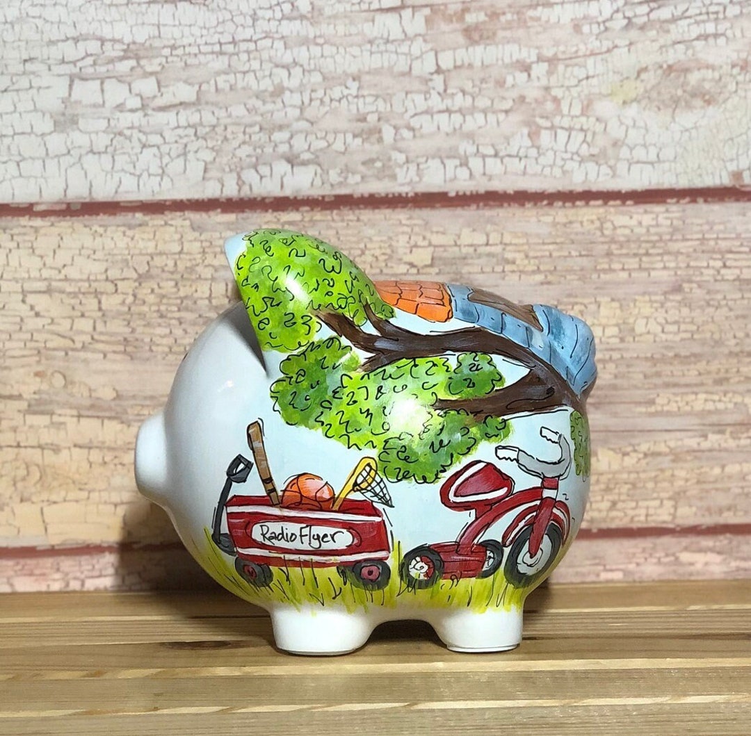 Large Personalized Tree House Ceramic Piggy Bank With Tricycle, Hand ...