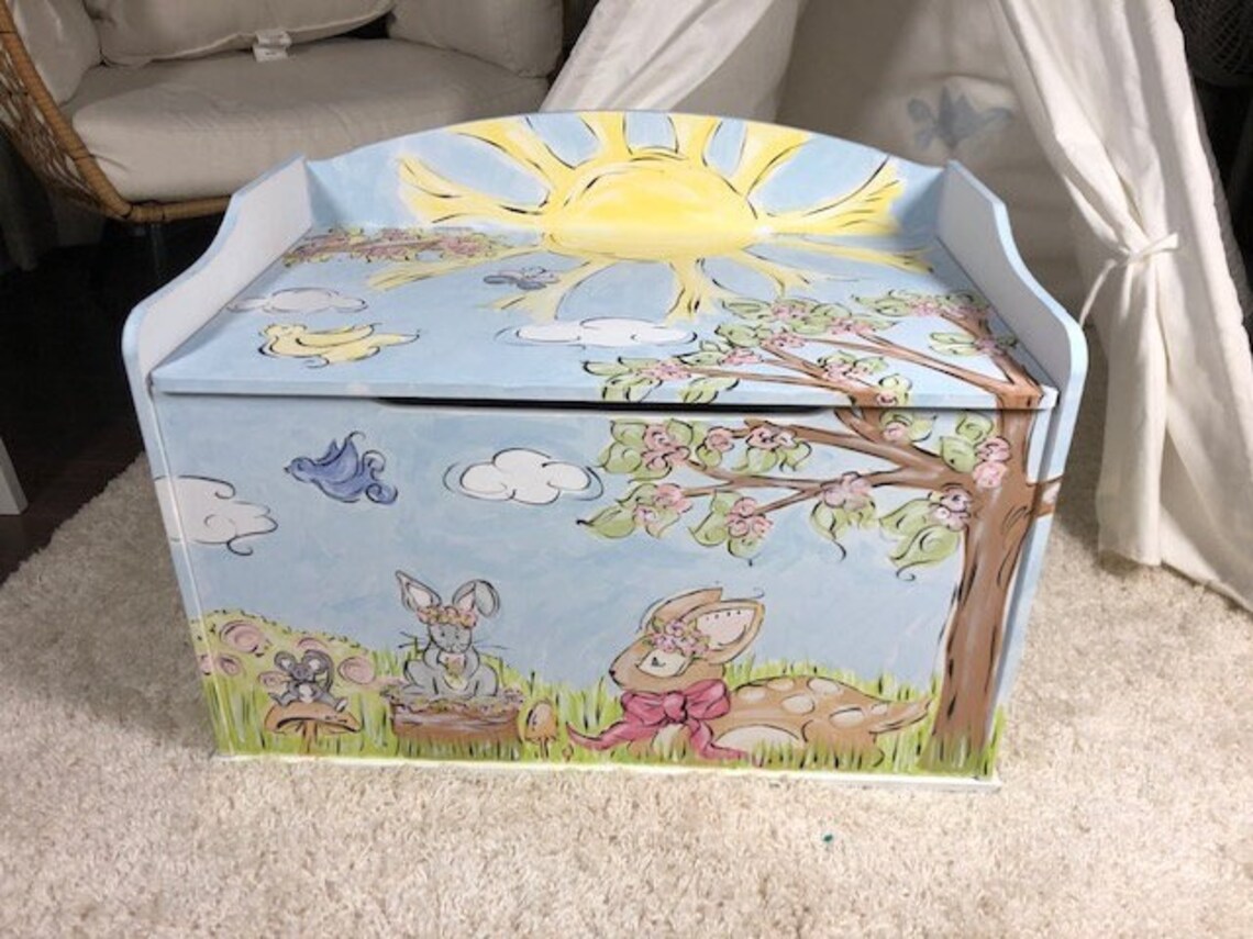 Personalized and Whimsical Meadow Friends Themed Wooden Toy Box, Hand ...