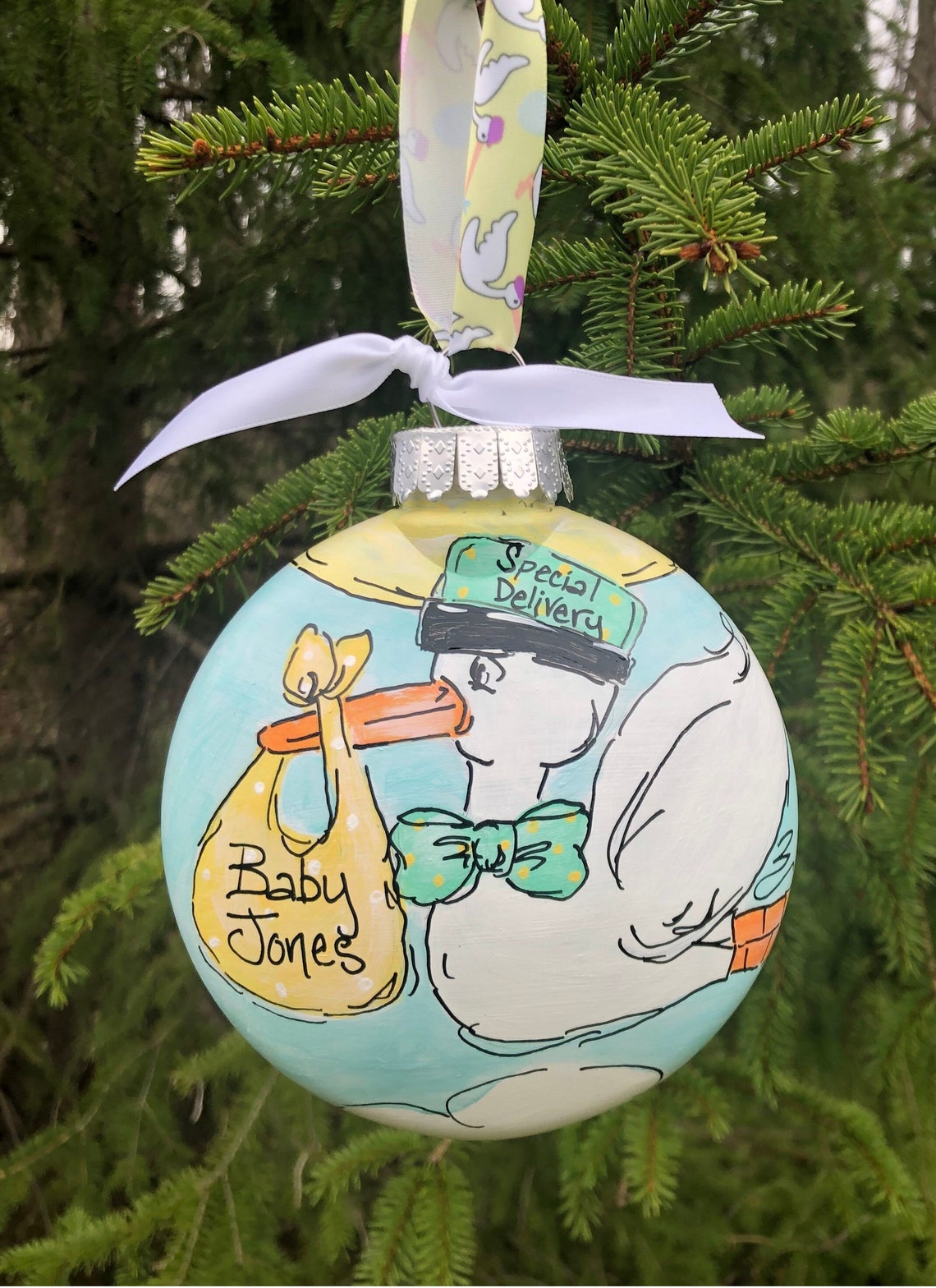 Personalized Gender Neutral Flying Stork Birth Notification Ornament ...
