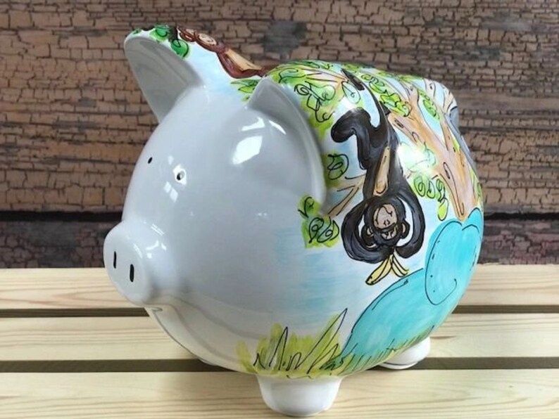 Large Whimsical Safari Themed Ceramic Piggy Bank for Kids, Personalized ...