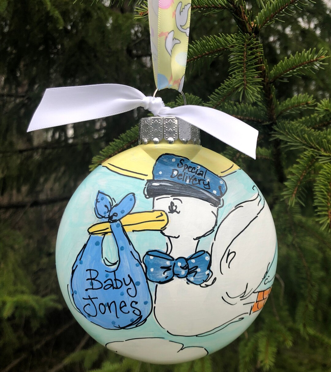 Personalized Stork Flying With Boy Birth Announcement Hand-painted on ...
