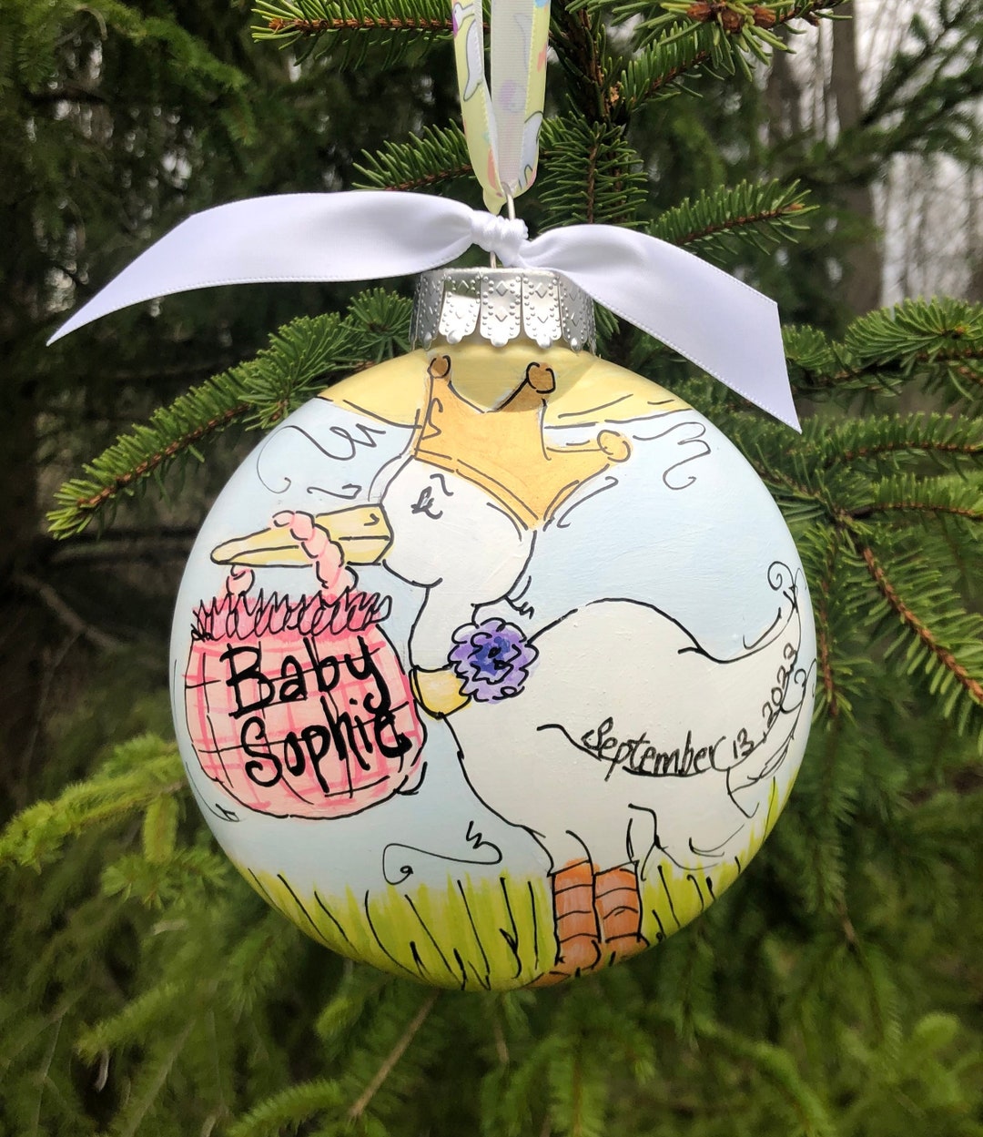 Hand-painted Girl Stork Crowned With Birth Notification on Ornament for ...