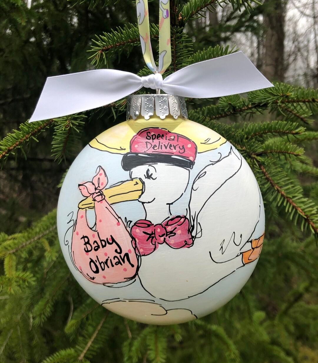 Personalized Stork Flying With Girl Birth Communiqué Hand-painted on ...