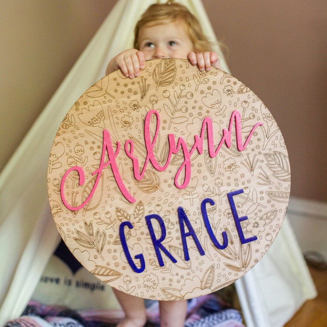 Round 3D Nursery Name Sign - Boho Floral Wooden Decor - Customized - Etsy