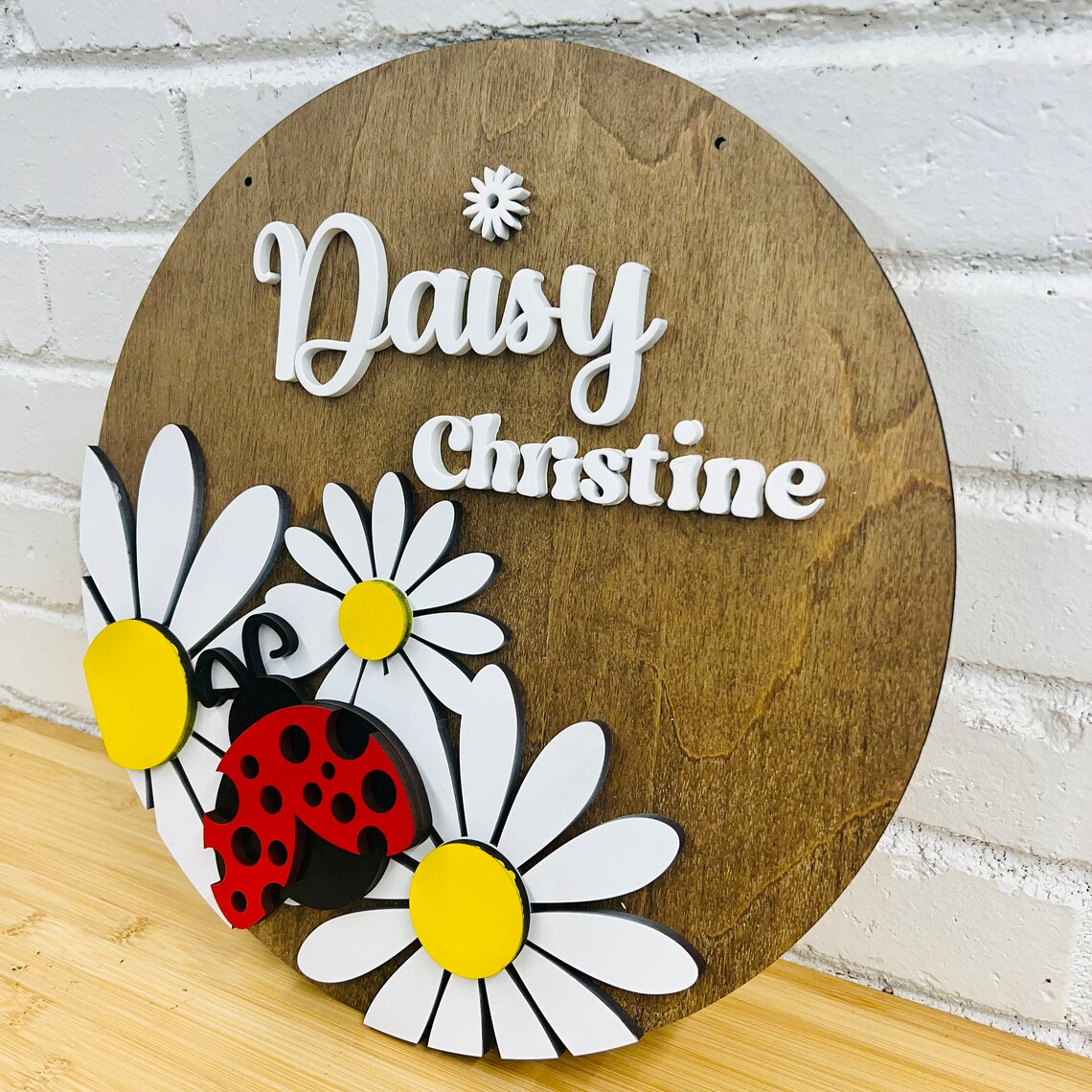 Daisy Sign With Custom Name, Ladybug Sign, Round 3D Wooden Name Sign ...