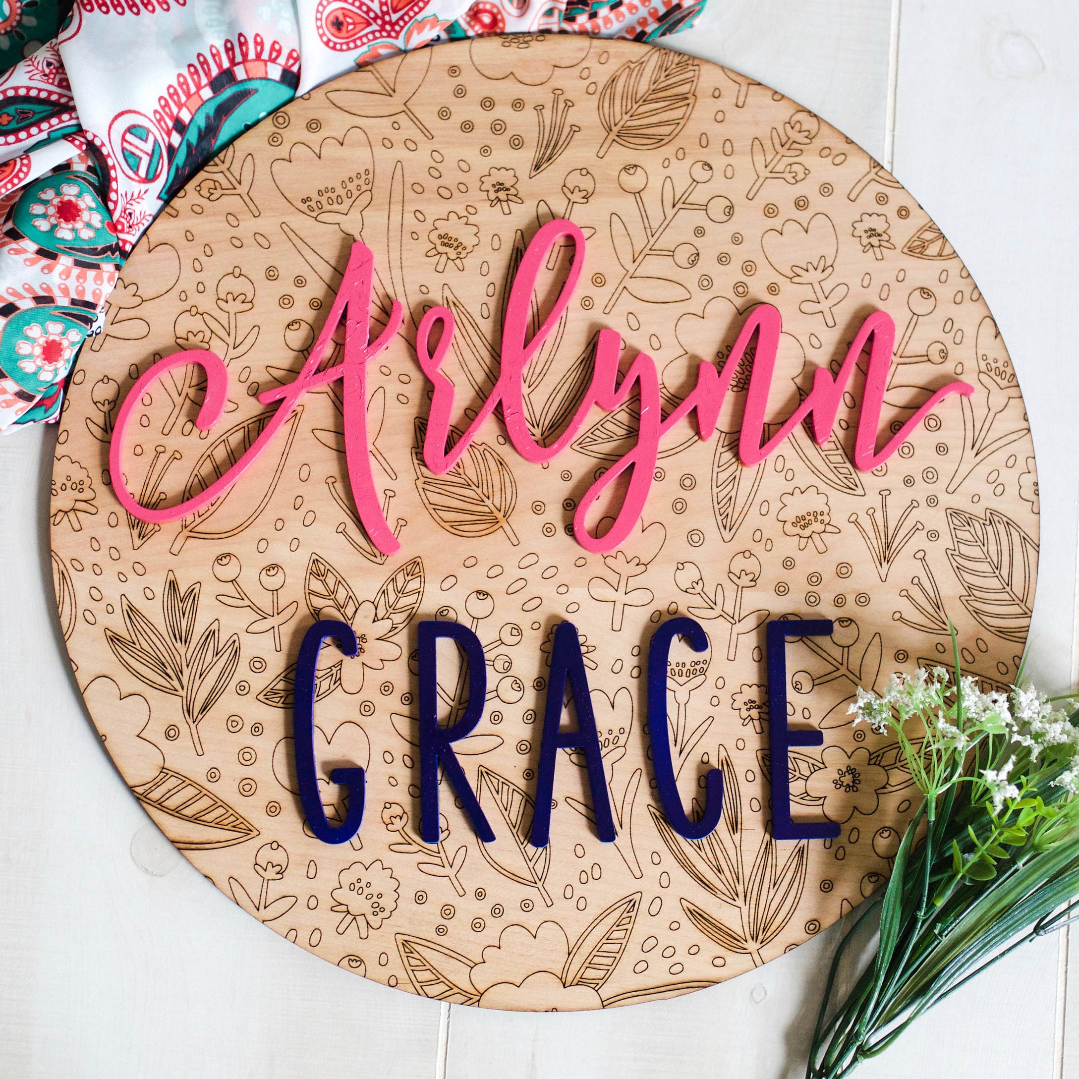 Round 3D Nursery Name Sign Boho Floral Wooden Decor | Etsy