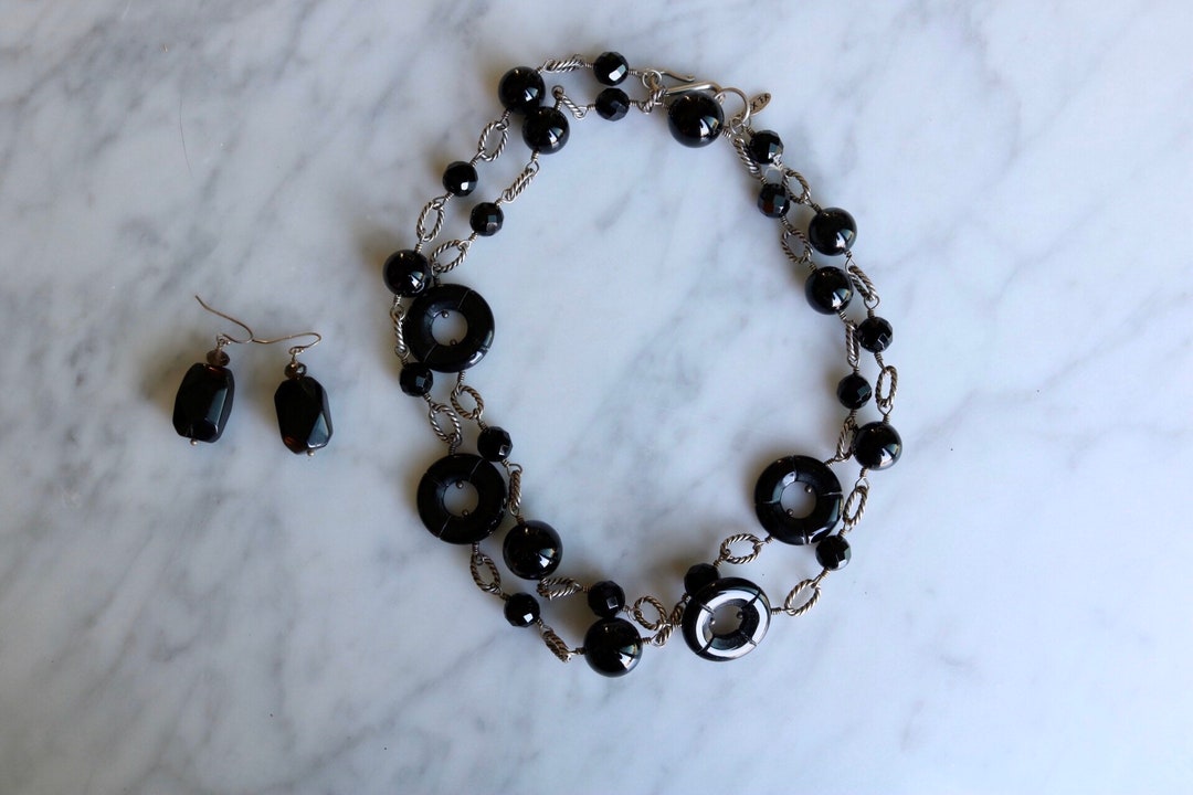 Long Exex Onyx and Sterling Long Necklace and Earring Set - Etsy
