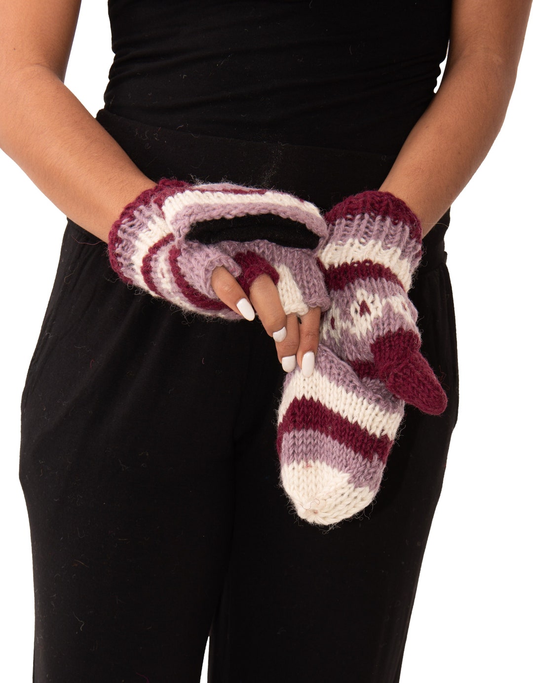 Hand-knitted Merino Wool Convertible Mittens: Polar Fleece Lined ...