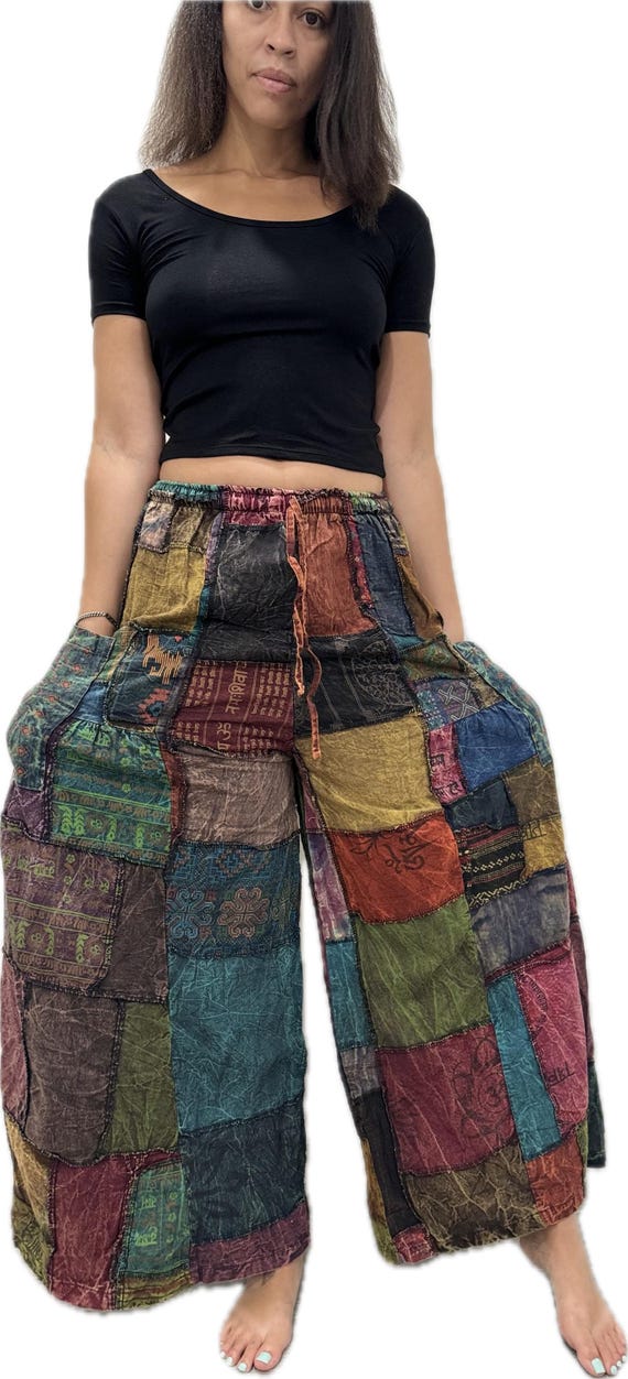 Pants Patchwork Cotton Wide-leg Pants With Pockets Hippie Pants Patchwork Cotton Wide-leg Pants With Pockets Hippie