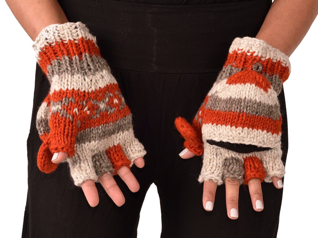Hand Knitted Wool Convertible Fingerless Mittens: Polar Fleece Lined ...