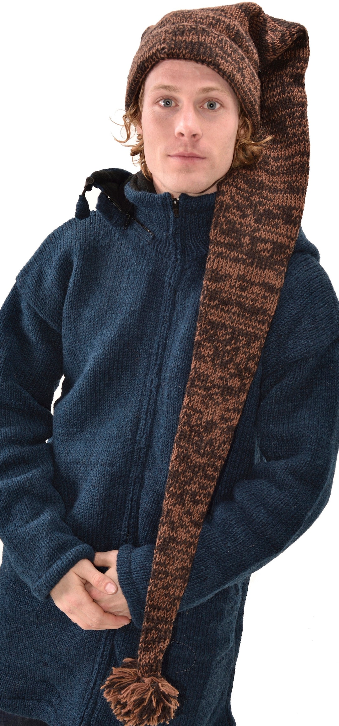 Hand Made 100% Merino Wool Long Tail Stocking Scarves Hat Combo Hooded ...